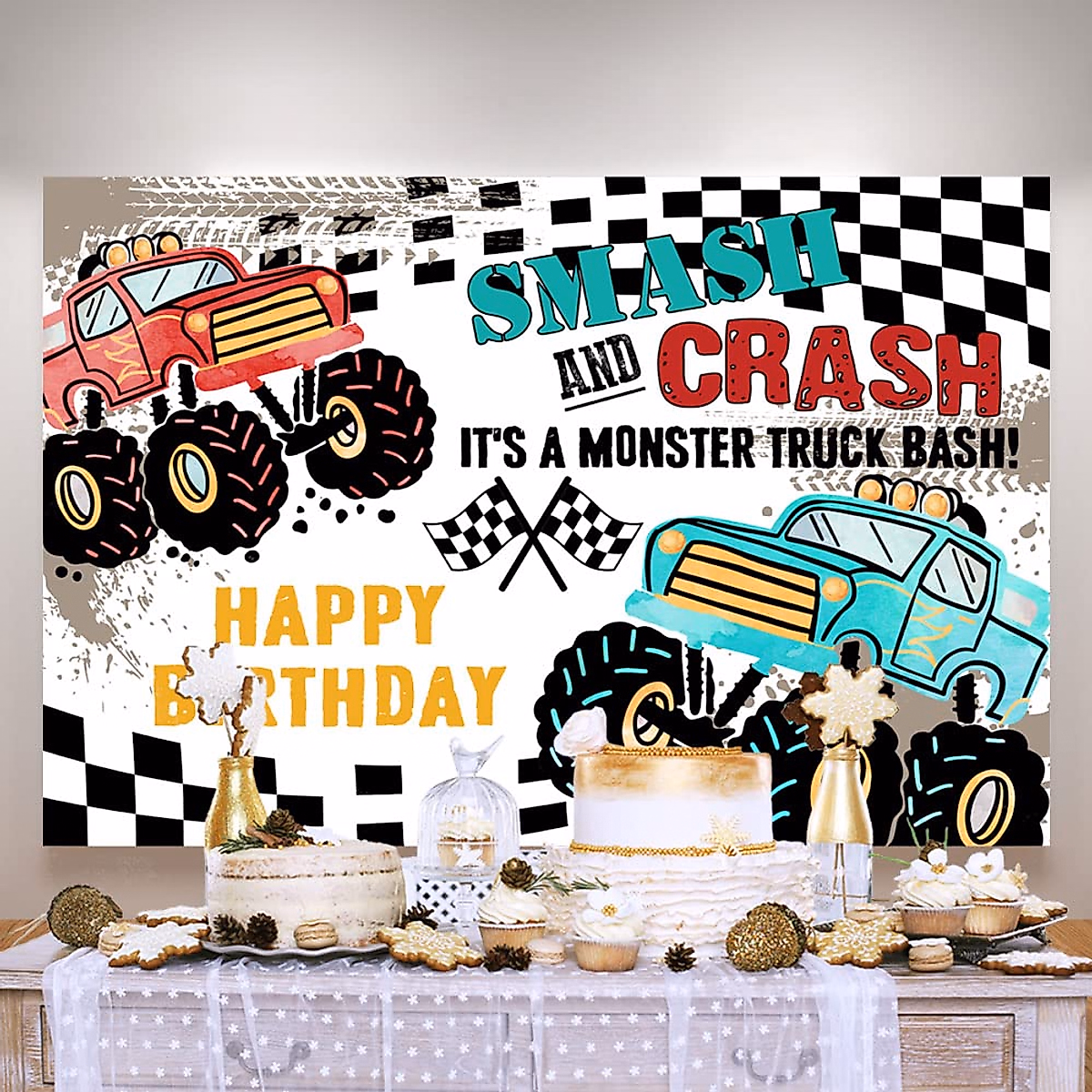 Ticuenicoa Grave Digger Monster Truck Birthday Backdrop - 5x3ft Flame Design Photo Booth Background for Boys, Kids Party Decorations Banner & Props Supplies