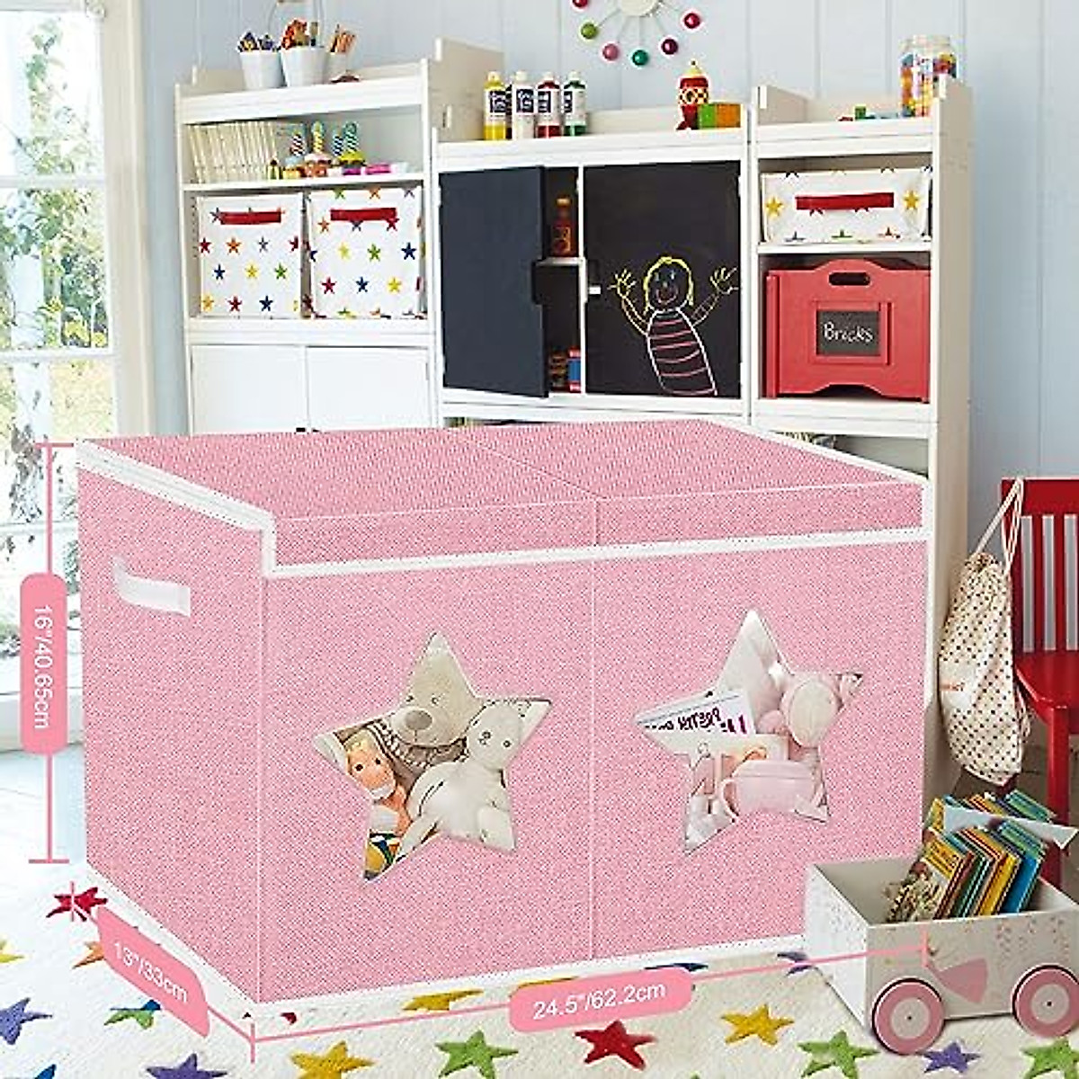 Xmasorme Large Toy Box for Girls, Toy Chest Box Organizer Bins with Star Transparent Windows, Sturdy Handles and Mesh Bag, Foldable Large Size Storage Box for Nursery, Playroom, Bedroom