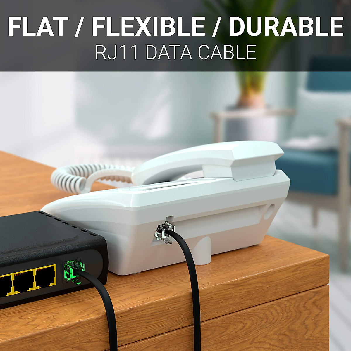 G-PLUG 3FT RJ11 Cable Phone Cord for Landline & Telephone Cord for RJ11 to RJ11 Devices – Smooth, Clear Connections & Optimum Quality – Durable Phone Cable with 4 Gold-Plated Contact Pins (Black)