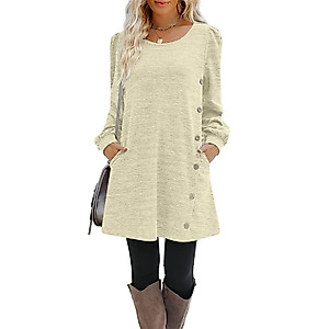 XPSJBBB Dresses for Women 2023 Long Sleeve Solid Color Shirt Dress Plus Round Neck Button Side Sweater Dresses Fall Clothes, Christmas Dresses for Women