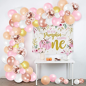 Vansolinne Pink Pumpkin First Birthday Decorations for Girls Our Little Pumpkin is Turning One Backdrop Banner and Balloon Garland Arch Kit 1st Birthday Party Supplies Background Photoshoot Props