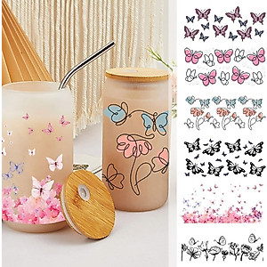 Pink UV DTF Cup Wrap, 1/7Sheets Flower Butterfly Coffee Cup Rub on Transfers for Glass Cups, UV DTF Cup Wrap Transfer Stickers Decals Waterproof Rub on Transfers for Glass Cups Crafts Vintage Iron-on