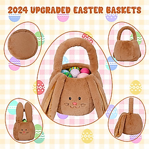 OurHonor Easter Basket Plush, Bunny Easter Basket For Kids, Plush Easter Buckets With Long Ear Easter Bags for Boys Girls, Easter Tote Bags For Decorations Gifts Storage (Brown)