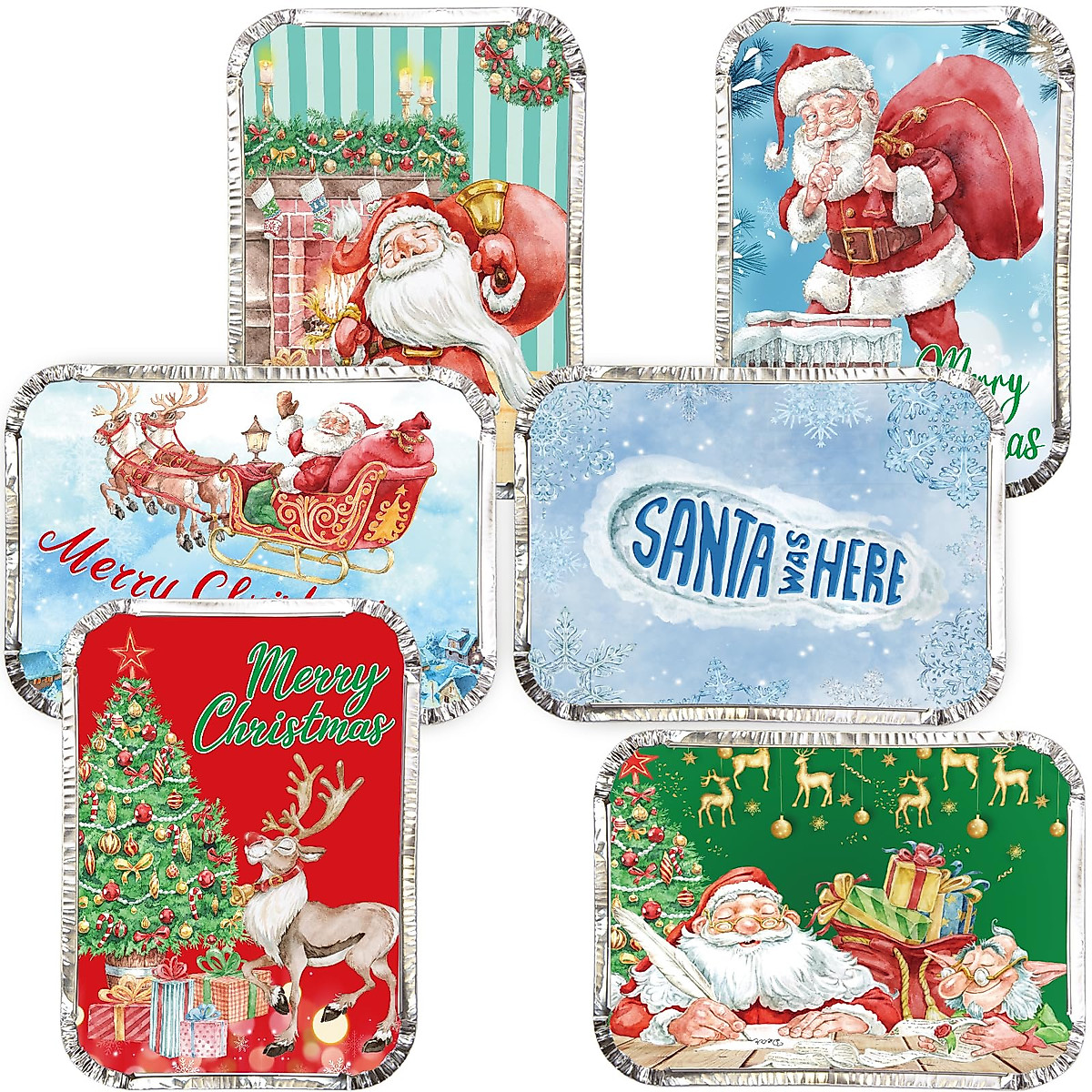 WorldBazaar Christmas Leftover Containers with Lids 36PCS Santa Christmas Aluminum Food Containers with Lids Disposable Watercolor Goodie Sacks Containers Winter Holiday Party Supply