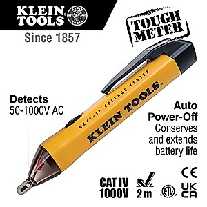 Klein Tools NCVT1P Voltage Tester, Non-Contact Voltage Detector Pen, 50V to 1000V AC, Audible and Flashing LED Alarms, Pocket Clip