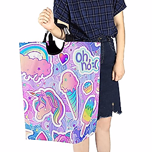 Kigai Large Storage Laundry Hamper Bag, Collapsible Waterproof Laundry Clothes Basket with Handles for Bathroom, College, Living Room Organization (Rainbow Unicorn)