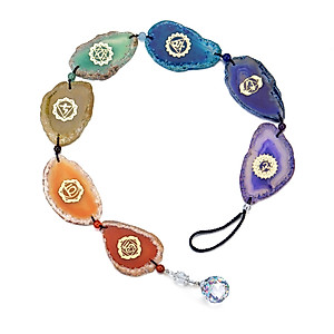 CrystalTears Chakra Crystal Hanging Ornament Reiki Healing Crystal Agate Slice Gemstone Wall Hanger Rainbow Crystal Suncatcher for Home Garden Decoration