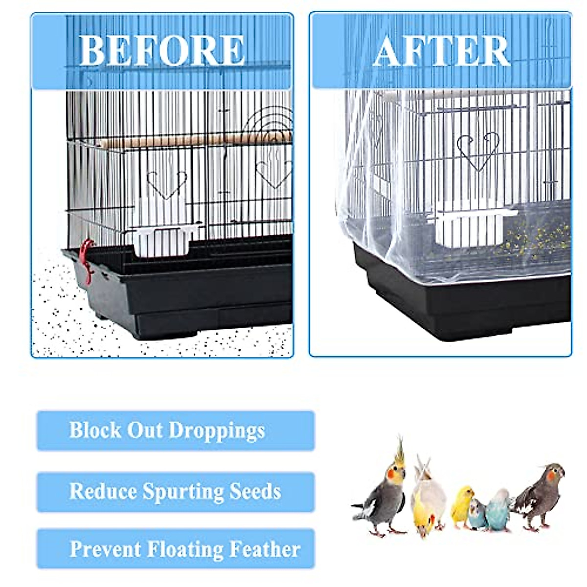 ASOCEA Extra Large Bird Cage Seed Catcher Guard Universal Birdcage Cover Nylon Mesh Net for Parrot Parakeet Macaw Lovebird African Grey - White (Not Include Birdcage) …