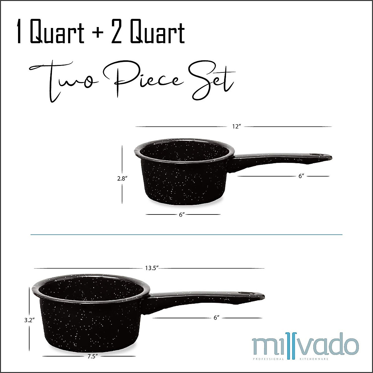 Millvado 2 Pack Granite Saucepans: Naturally Nonstick Sauce Pots - Speckled Enamel Ware Cookware – 1 and 2 Quart Sauce Pans for Cooking and Boiling - Granite Pot for Stovetop, Campfire, Outdoor Stove