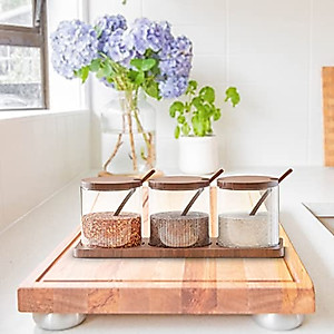 Essos Round Glass and Wood Condiment 3 pc Jars Set with spoon Tray Sugar Food Storage Containers with Wood Lids and Wooden Spoon for Coffee Spice Storage Container