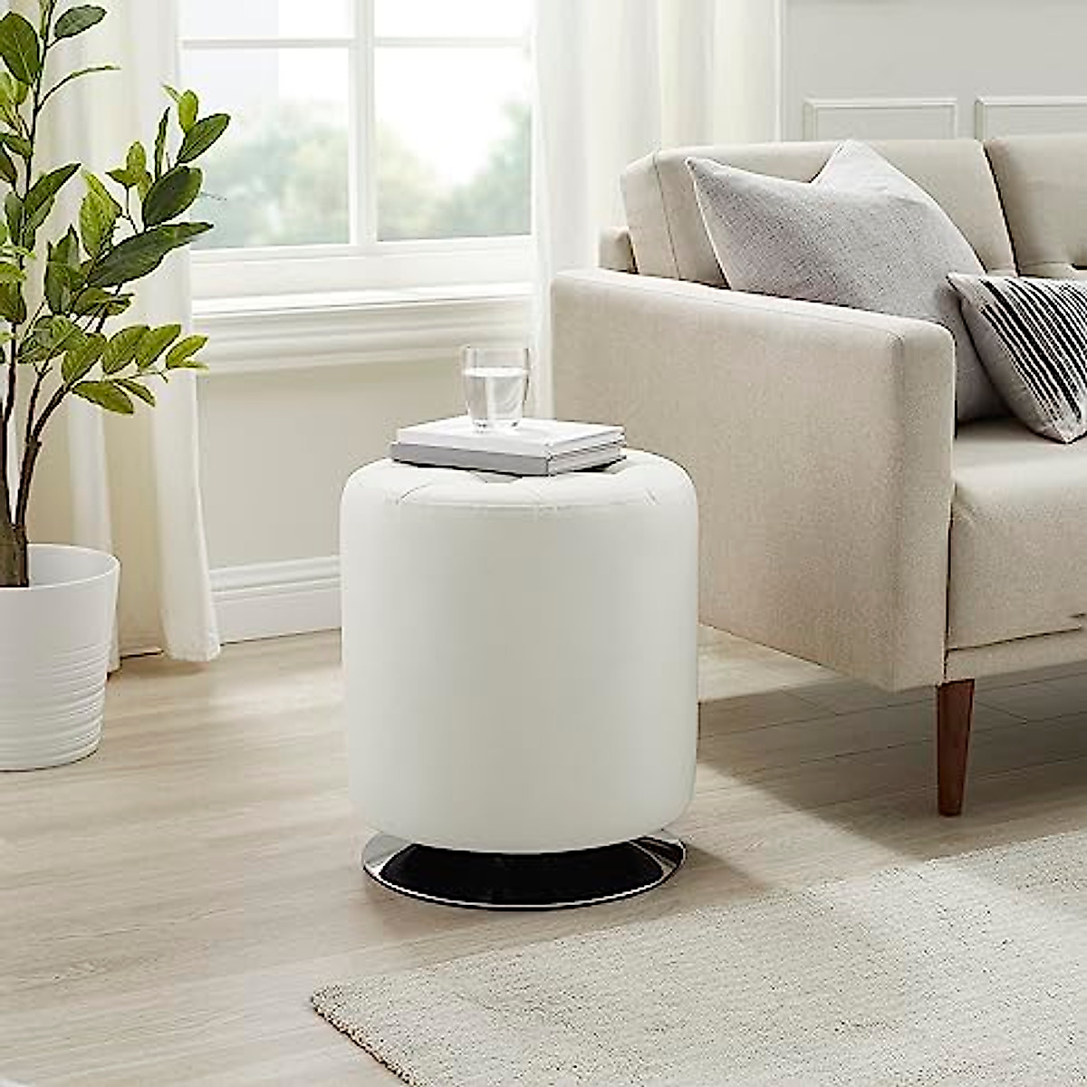 Linon White Sikes Faux Leather Tufted Swivel Ottoman with Chrome Base