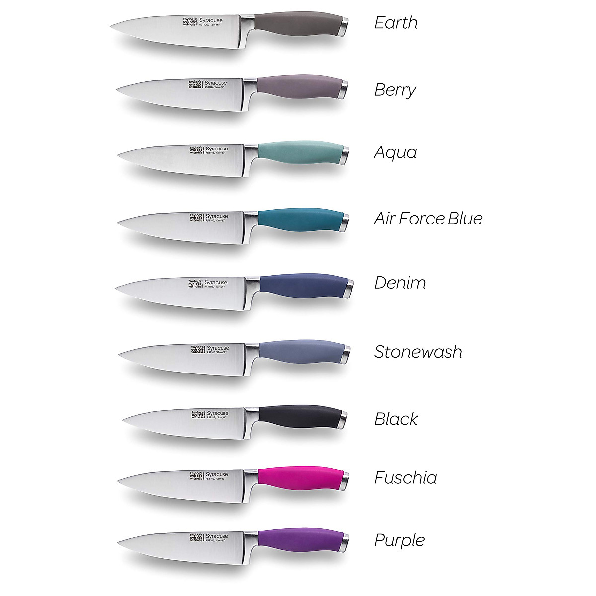 Taylors Eye Witness Syracuse Kitchen Knife 3pce Set - Paring 8cm/3.5”, Chefs 15cm/6” & Cooks All Purpose 13cm/5” Cutting Edge. Ultra Fine, Razor Sharp Blade. Soft Textured Grip Purple Colour Handle