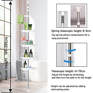 Gigecor Bathroom Shower Corner Caddy Tension Pole, Corner Shower Caddy, 4-Tier Adjustable Corner Shower Shelf, Floor to Ceiling Storage Rack Organizer Holder, Bathroom Space Saving Storage Rack