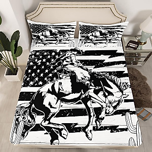 Cowboy Bedding Set Twin Size American Flag Bed Set for Girls Teens Bedroom Decor Kids Horses Pattern Fitted Sheet Soft Microfiber Black White Bed Cover(1 Fitted Sheet+1 Pillow Case)