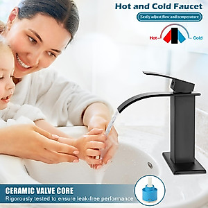 Midanya Matte Black Bathroom Sink Faucet Waterfall Spout Single Handle 1 Hole Deck Mount Mixer Tap Lavatory Vanity Sink Faucet Commercial with Deck Plate and Pop Up Drain