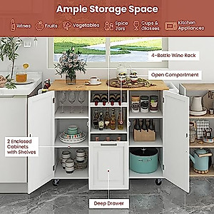 Giantex Mobile Kitchen Island with Drop Leaf, Rolling Island Table with Rubber Wood Top, Storage Cabinets, Deep Drawer, Wine Bottle Rack, Spice Rack, Serving Cart for Dining Room Bar (White)