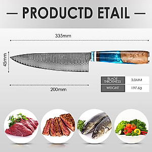 KEENZO Damascus Chef Knife 8 inch, Professional Kitchen Knives set, Sharp High Carbon Stainless Steel Cooking Knife, Ergonomic Blue Resin & Natural Wood Handle with Gift Box for Home & Restaurant
