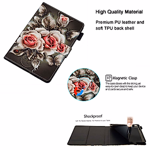 UUcovers Smart Cover for 8" Amazon Kindle Fire HD 8 Tablet 2018/2017/2016 Case 8th/7th/6th Generation with Pencil Holder, PU Leather Magnetic Folio Stand Card Wallet [Auto Wake/Sleep], Black Rose