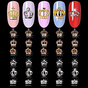 JERCLITY 30 Pieces 3D Gold and Silver Crown Nail Charms for Nails Nail Crown Charms Crown Diamonds for Women Nail Art Nail 3D Charms Crown Charms Studs for Nails Crown Nail Jewels for Acrylic Nails