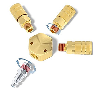 Taisher 3-Way 1/4 Inch NPT Hex Style Air Manifold with 3 Pieces Brass Industrial Coupler and Plug, Air Compressor Hose Accessories Quick Connect Fittings Air Splitter
