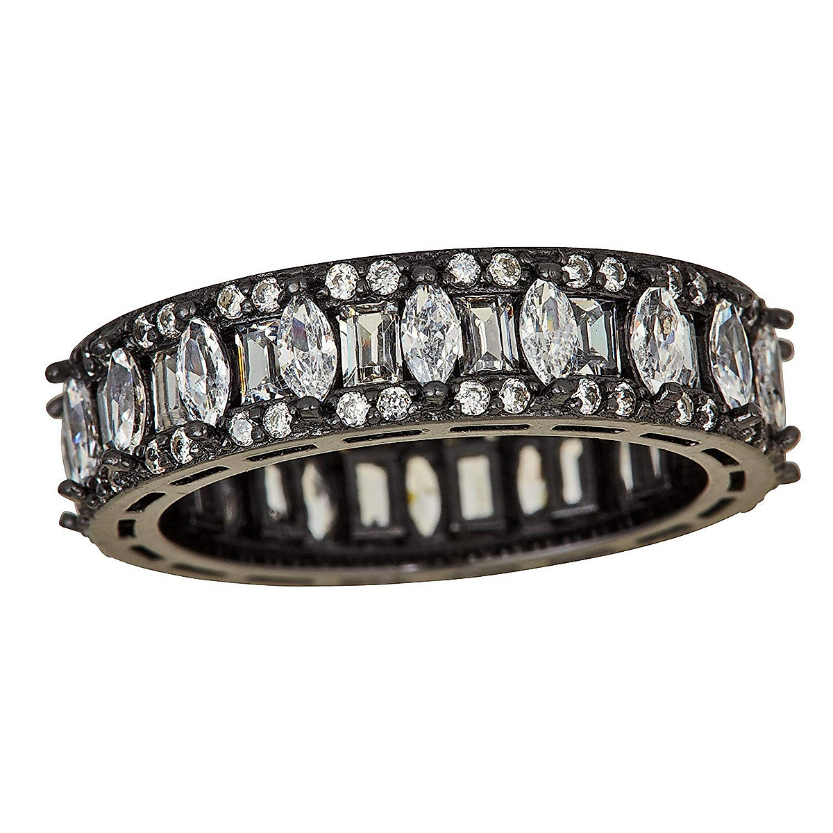 Sterling Silver Black Rhodium Baguette & Round Cut Cubic Zirconia Eternity Band Emerald Ring