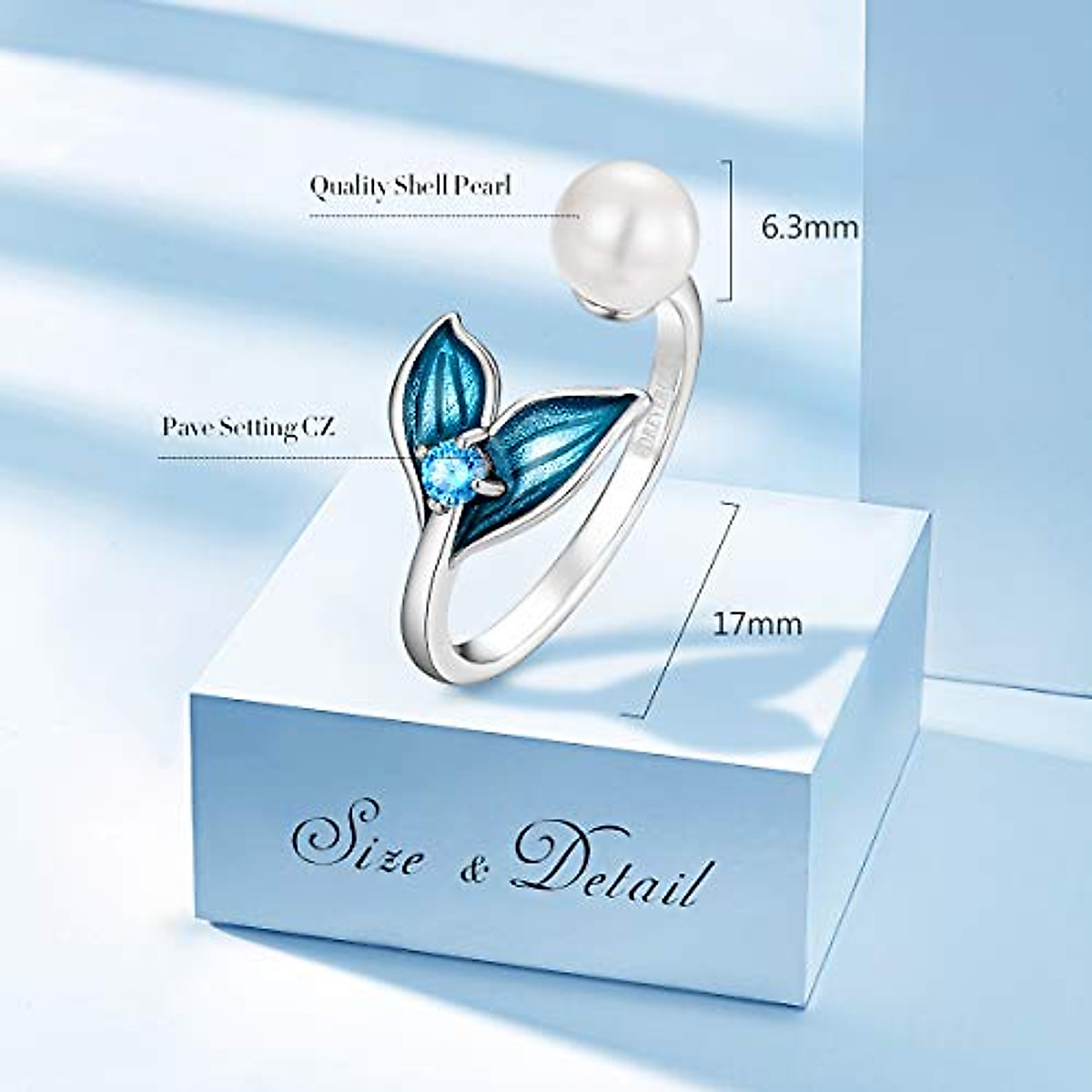 FOREVER QUEEN Mermaid Tail Ring, S925 Sterling Silver Dolphin Tail Adjustable Finger Ring for Women Open Ring with Blue Cubic Zirconia& Shell Pearl Birthday Day Gift