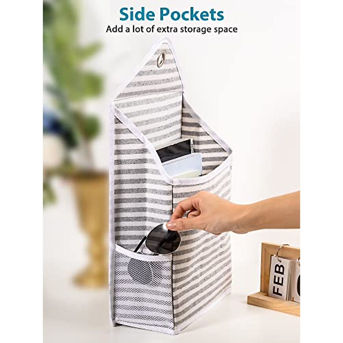 PARAKE Wall Hanging Storage Bag, 2 Pack Waterproof Hanging Organizer Bag for Bedroom, Large Pocket Organizer Basket with Side Pocket, 4 Sticky Hook, Hanging Bag for Bathroom Office, Grey White Stripes