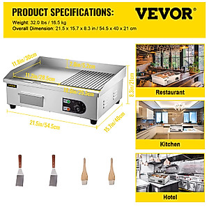 VEVOR 22" Commercial Electric Griddle, 1600W Electric Flat Top Grill, Half Grooved Teppanyaki Grill, Stainless Steel Electric Countertop Griddle w/Drip Hole, 122°F-572°F Electric Griddle for Kitchen.
