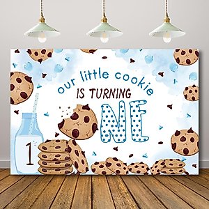 Rcoaror Our Little Cookie is Turning One Backdrop Cookies and Milk 1st Birthday Party Background Blue White Little One Boys Decorations First Birthday Banner Props 71X47inch