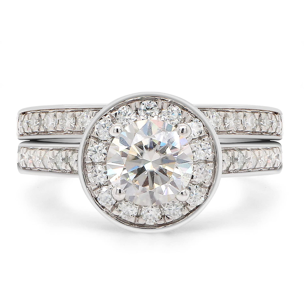 SAVEARTH DIAMONDS 14K White Gold Over Sterling Silver 1 3/4 Carat 6.5MM G-H Color Moissanite Lab Created Diamond Halo Engagement Wedding Ring Set 2 Pieces (1.75 Cttw) Ring Size-8