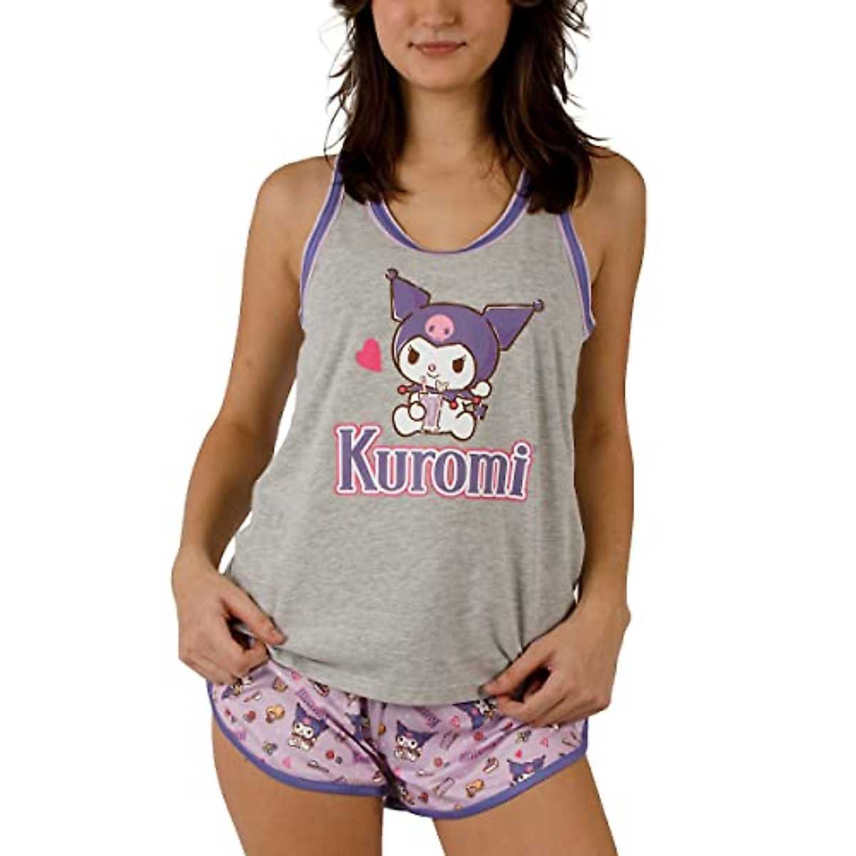 Bioworld Kuromi Milkshake Women's Racer Back Tank Top & Dolphin Lounge Shorts Sleepwear Set-XL Blue