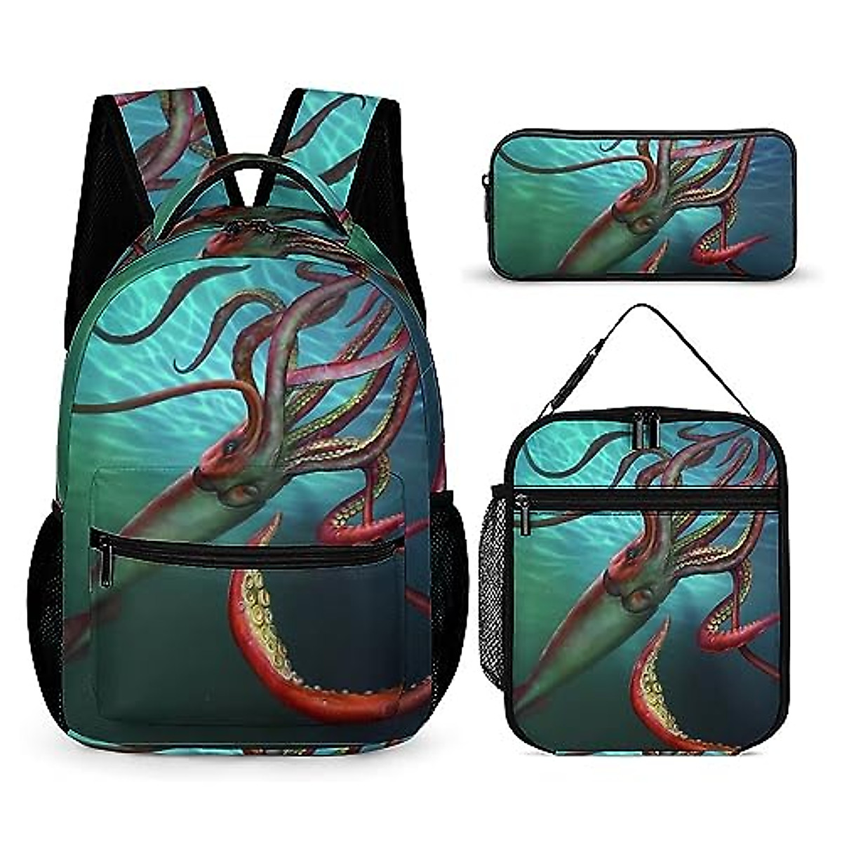 oallpu 3Pcs Red Squid King Backpack Set Large Capacity Laptop Bag, Multi-function Daypack with Adjustable Double Shoulder Strap, Lightweight Lunch Box Portable Pencil Bag