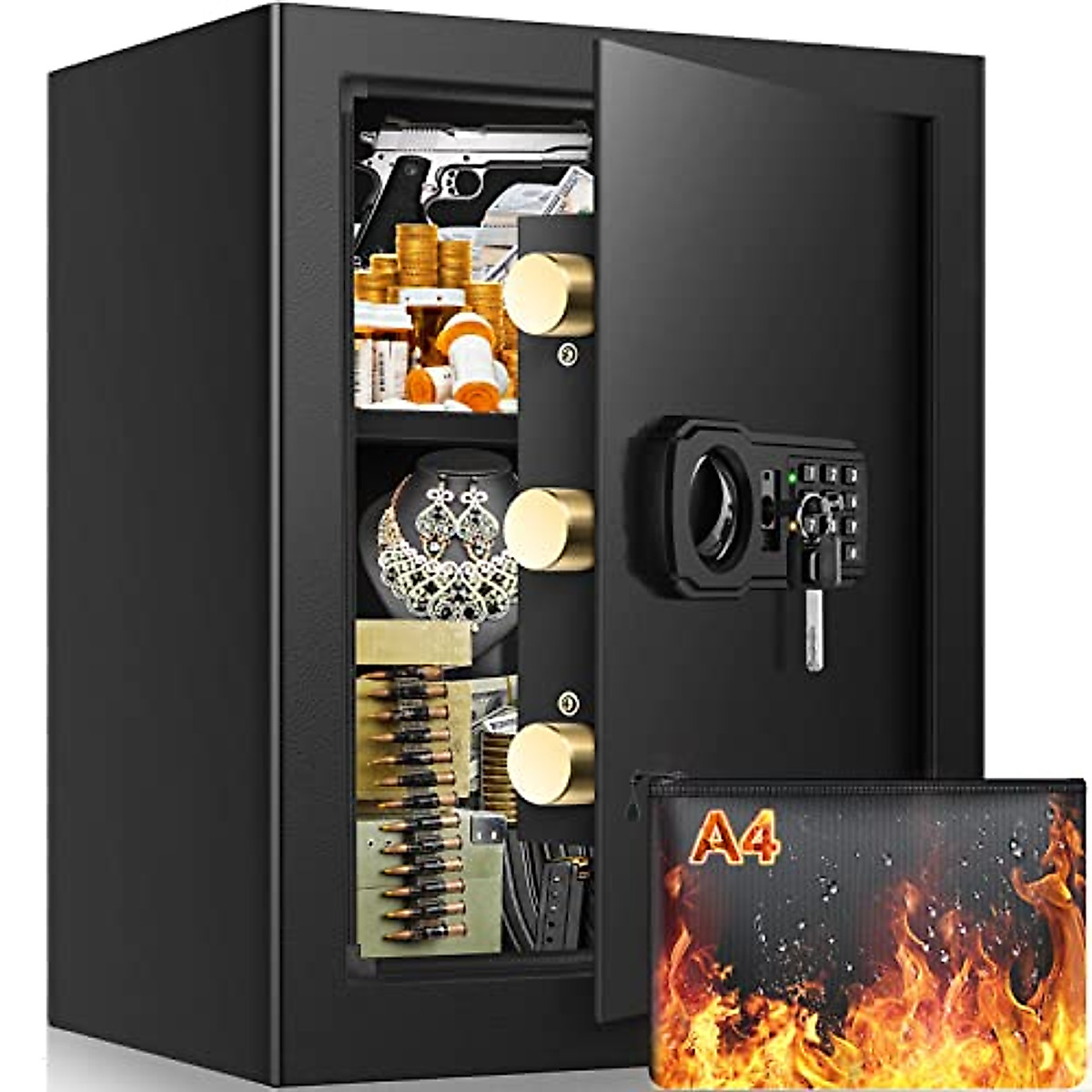 2.4 Cubic Large Fireproof Safe Box with Fireproof Document Bag, Personal Security Home Safe with Removable Shelf, Anti-Theft Lock Box for Documents Money Jewelry Valuables