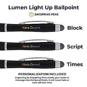 Dayspring Pens Personalized Pen | Black Lumen Light Up Pen. A Gift Pen With Engraving That Lights Up. Personalized Gift Light Up Click Stylus.