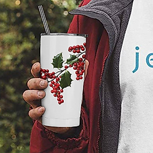 20 Oz Tumbler With Straw Leak Proof Thermos Cup, Holly Berry Branches Stainless Steel Insulated Travel Coffee Mug Fit for Car Cup Holder