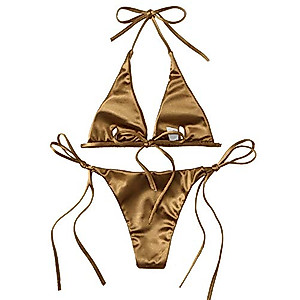 SOLY HUX Women's Metallic Halter Top Two Piece Swimsuit Tie Side Triangle Thong Bikini Bathing Swimwear Gold M