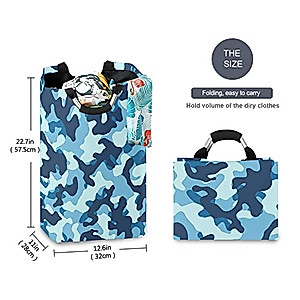 Kigai Blue Camo Camouflage Laundry Basket Large Collapsible Waterproof Laundry Hamper with Handles Portable Storage Basket Dirty Clothes Toys Organizer for College Dorms, Nursery, Bathroom