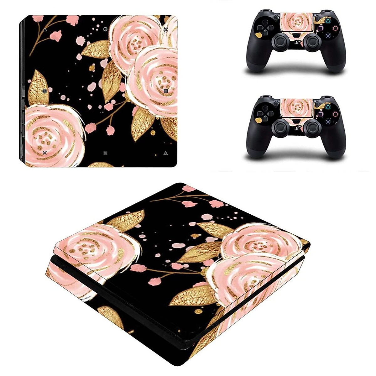 ZOOMHITSKINS Compatible with PS4 Slim Skin, Gold Glossy Flowers Pink Rose Black Fancy, Durable & Fit, 3M Vinyl, Made in The USA