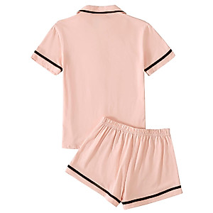 LYANER Women's Cotton Pajamas Set Button Short Sleeve Shirt with Shorts Set PJs Loungewear Light Pink Medium