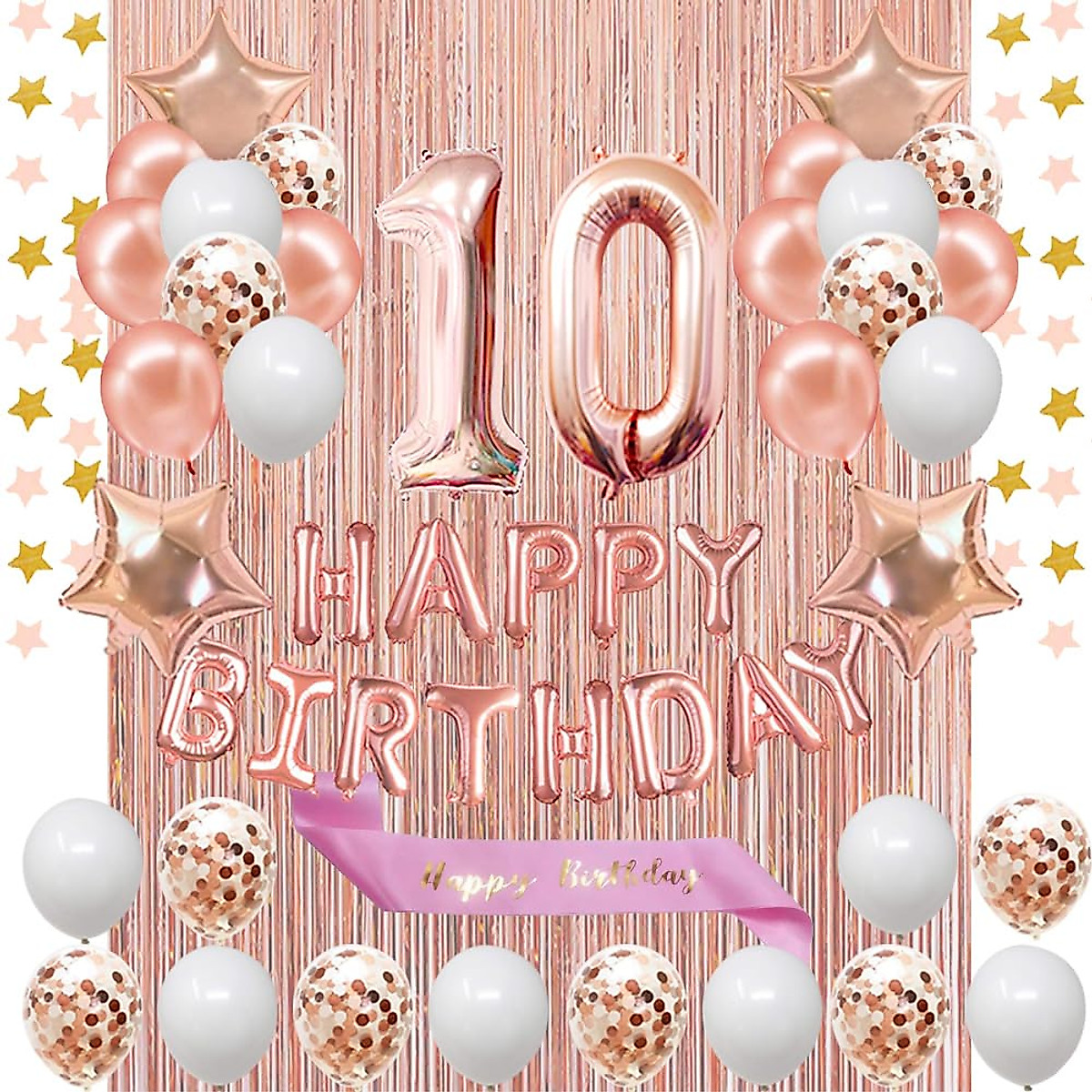 Fancypartyshop 10th Birthday Decorations - Rose Gold Happy Birthday Banner and Sash with Number 10 Balloons Latex Confetti balloons Ideal for Girl 10 years old birthday (10th birthday) Rose Gold