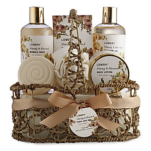 Valentines Day Gifts Womens Gifts, Gift Baskets for Women Who Have Everything, Home Spa Honey & Almond Scent, Luxury Bath & Body Set - Shower Gel, Bubble Bath, Body Lotion, Salts, Bath Bomb, Bath Puff