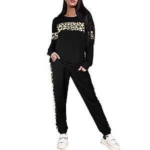 Two Piece Outfits for Women Jogging Suit Leopard Sweatpants Sets Black XXL