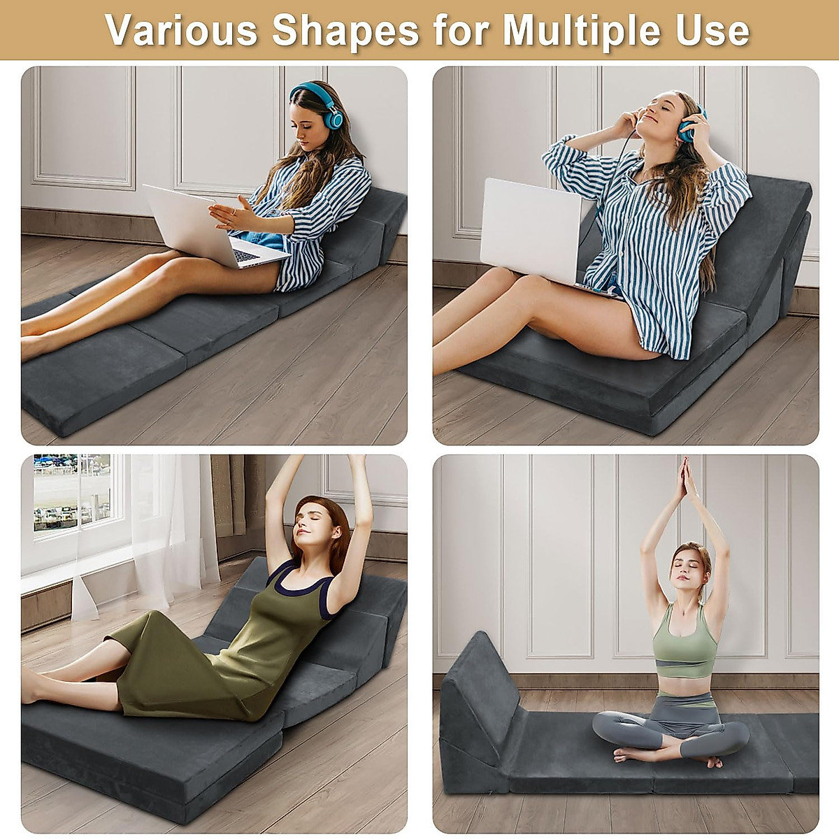 QIUBABYO Multifunctional Foldable Portable Mattress,Foldable Sofa Mattress with Lumbar Support&Buckle Straps for RV Yoga Living Room Bedroom Guest Room Home Office（Dark Gray）