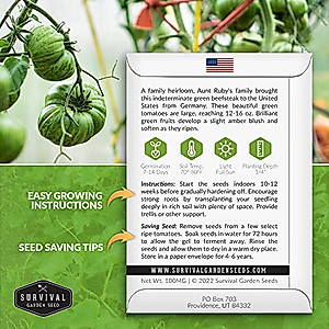 Survival Garden Seeds - Aunt Ruby’s German Green Tomato Seed for Planting - Pack with Instructions to Plant & Grow Delicious Green Tomatoes in Your Home Vegetable Garden - Non-GMO Heirloom Variety