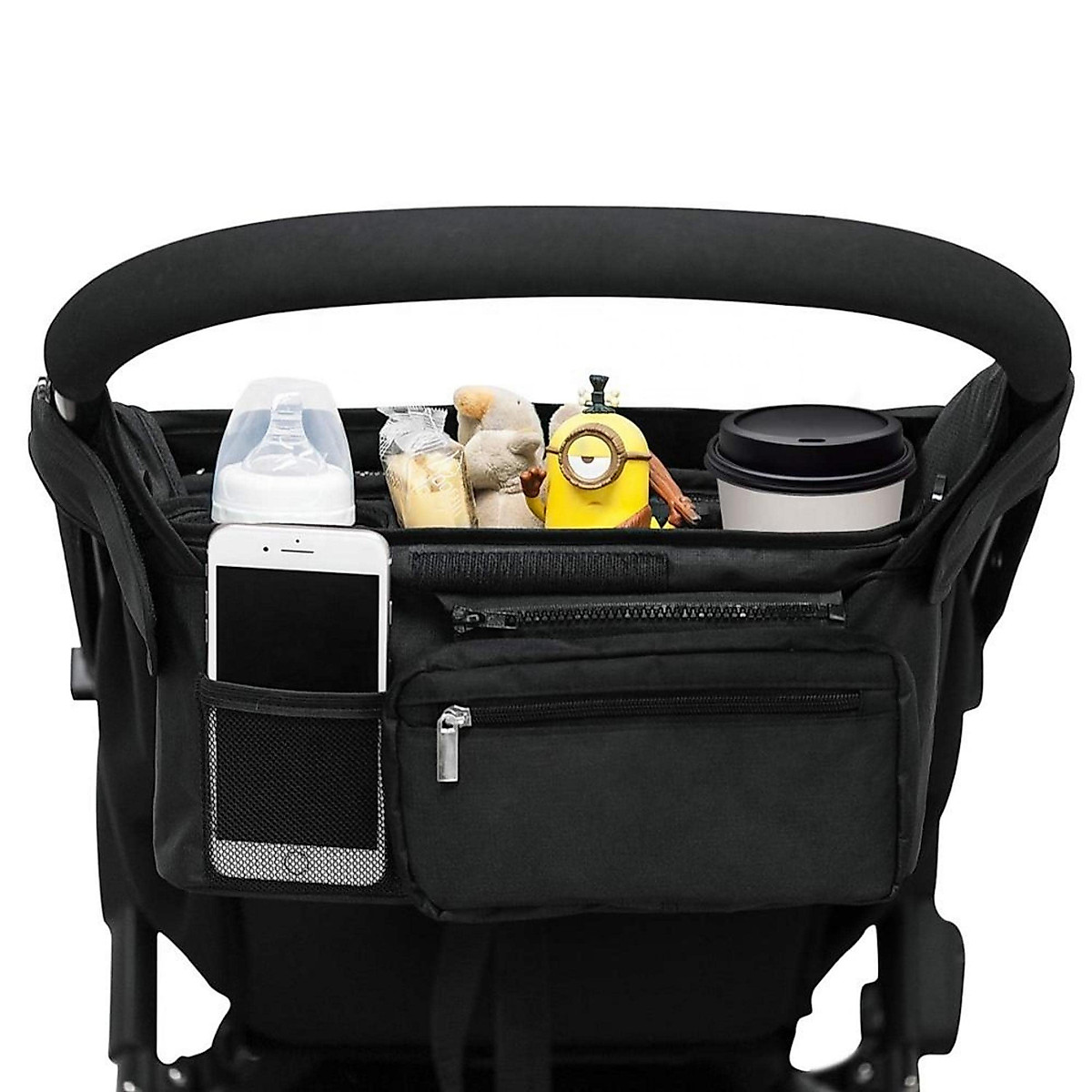 Stroller Organizer - Diaper Caddy Organizer with Insulated Cup Holder, Detachable Zipper Pouch with Phone Holder, Compact Design Fit to All Stroller