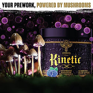 Ambrosia Kinetic Organic Preworkout, Mushroom Enhanced Natural Pre Workout Supplement, Nootropic Superfood Powder for Energy (Blue Raspberry)