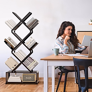 HI NINGER Folding Bookshelf,9 Tier Tree Bookshelf with Storage Cabinet,Stylish Design Metal Bookshelf for Display of CDs,Books in Living Room,Home Office,Tall Floor Standing Book Organizer for Bedroom