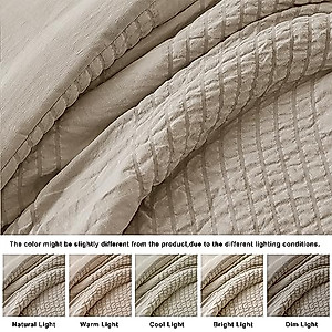 palassio Seersucker Beige King Size Comforter Set, 3 Pieces Soft Washed Microfiber Tan with 2 Pillow Cases, Cream Fluffy Down Alternative Bedding for All Season 104x90 inches