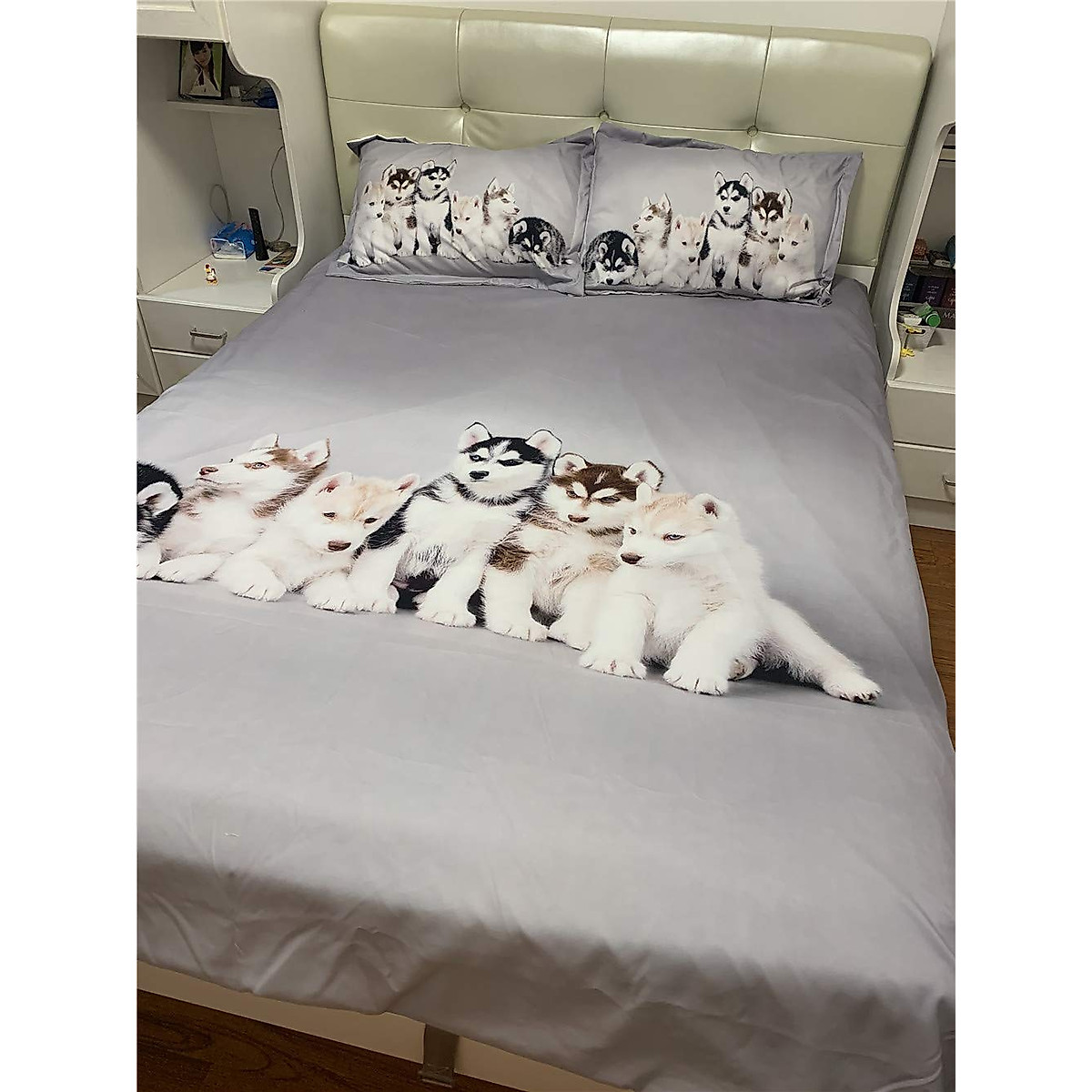 JF-107 3pcs Husky Babies 3D Digital Animal Print Bed Sheet Set Dogs Duvet Cover Set Grey Bedding Sets Twin Full Queen King Size, not Comforter (Twin)