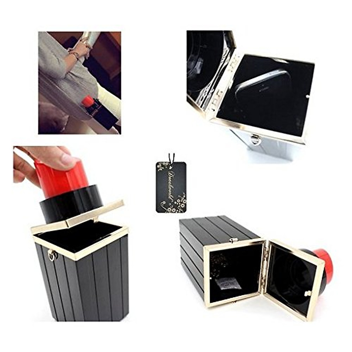 Women Acrylic Black Lipstick Shape Evening Bags Purses Clutch Vintage Banquet Handbag (Black)